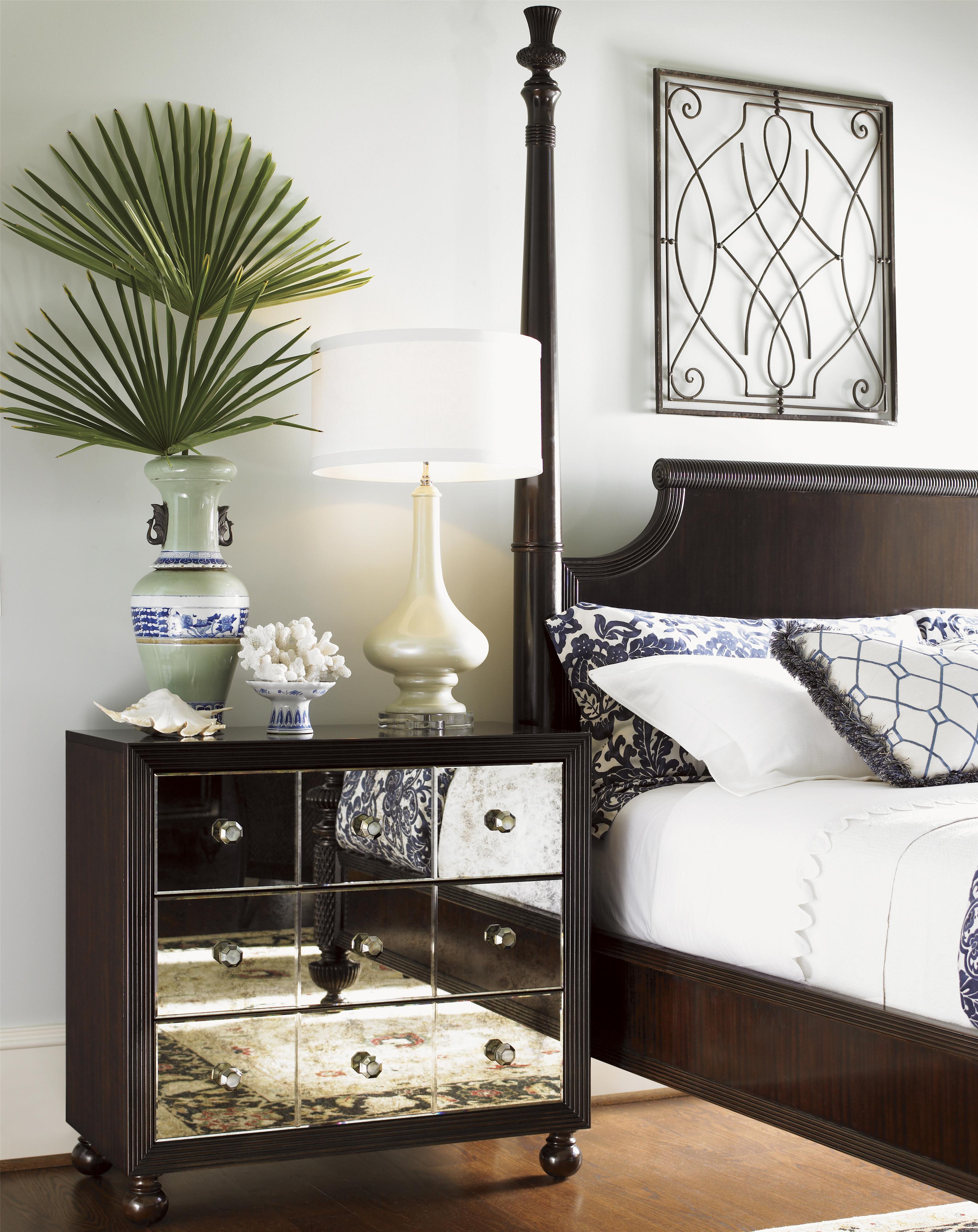Tommy Bahama Home Royal Kahala 537624828 Three Drawer Starlight Mirrored Nightstand with Penn Shell Hardware Belfort Furniture Nightstands